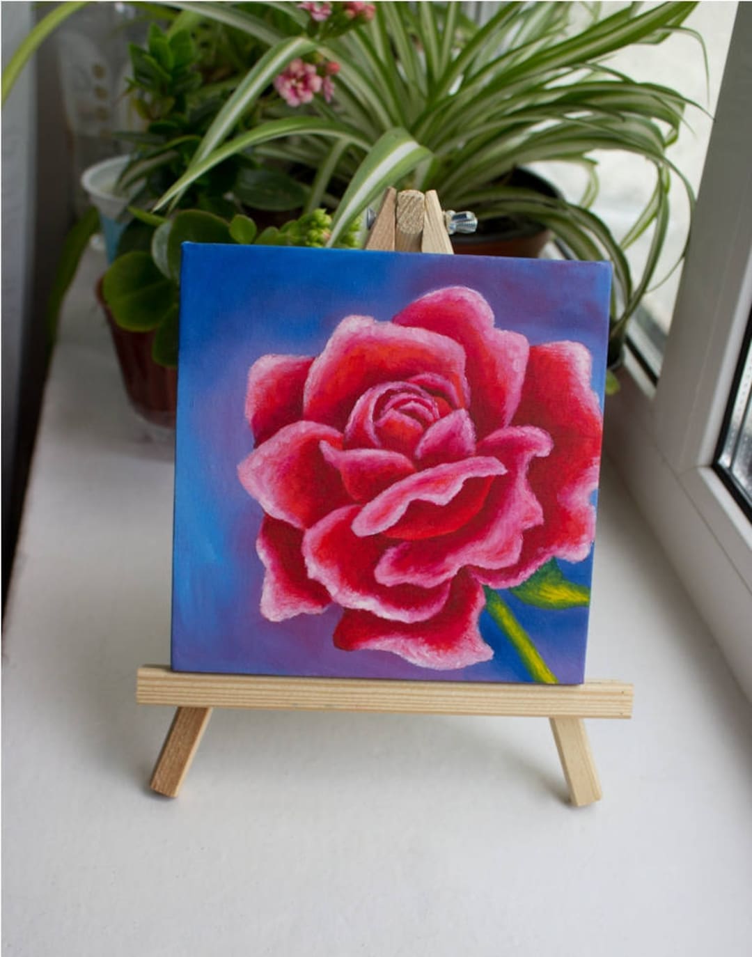 Rose Miniature Painting, Red Rose Art Oil, Mini Canvas With Easel, Hand ...