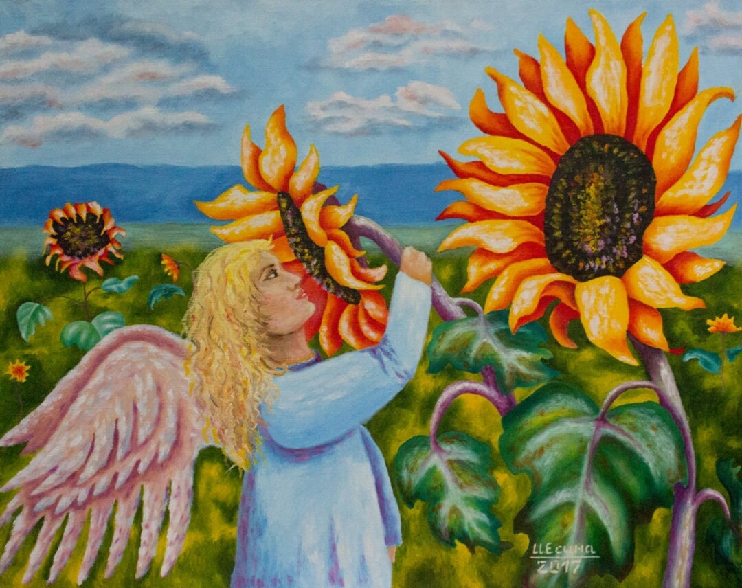 Angel Painting Original Artwork, Art Oil on Canvas, Sunflower Field ...