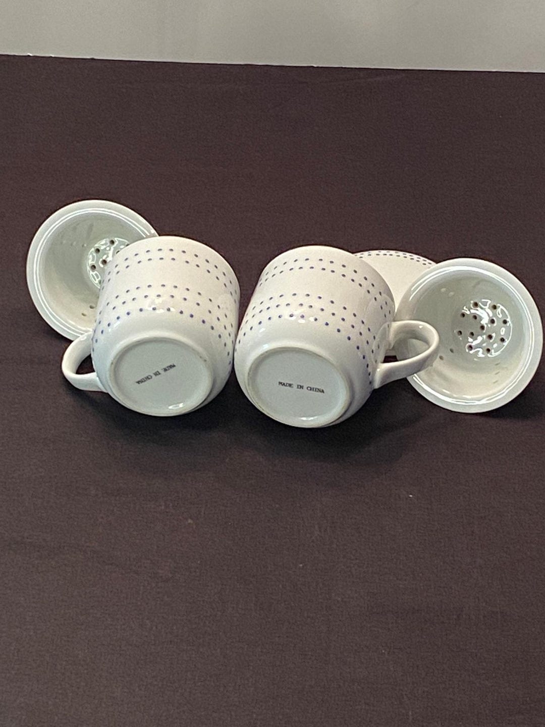 Set White Ceramic Tea Cups With Infusers With Blue Raised Dots EUC Gift ...