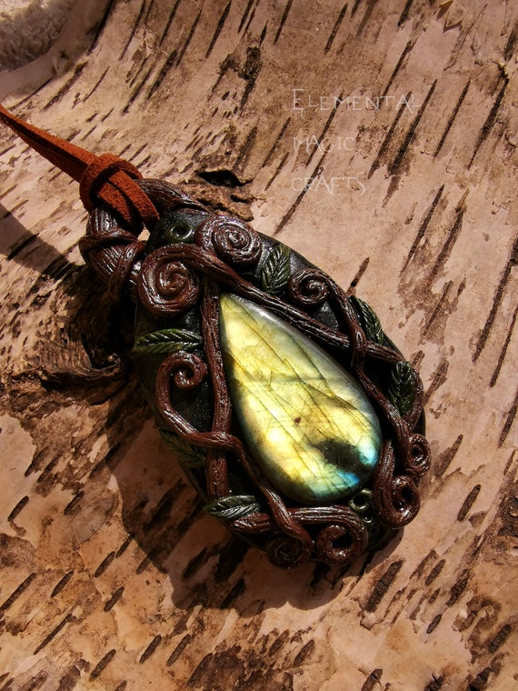Elven Amulet Yellow Labradorite Spectrolite Enchanted Fairy Magick Talisman Elvish Pendant Witchy Nature Wicca Necklace Unisex Jewelry Etsy