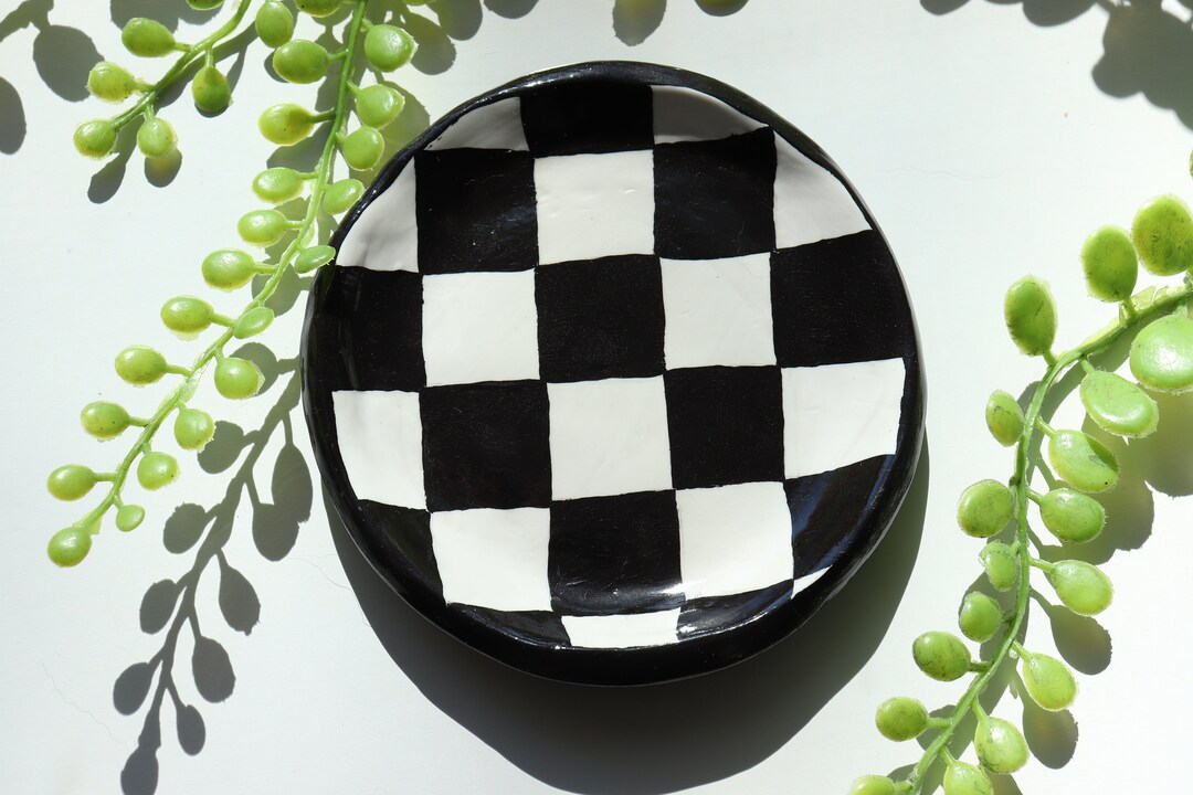 Checker Polymer Clay Trinket Dish, Black and White, Jewelry Dish, Trinket Tray, Room Decor MADE ...