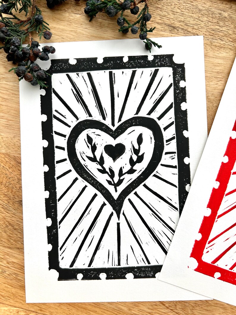 Heart Stamp Linocut Art Print, Block Print, 5x7, Valentine's Gift - Etsy