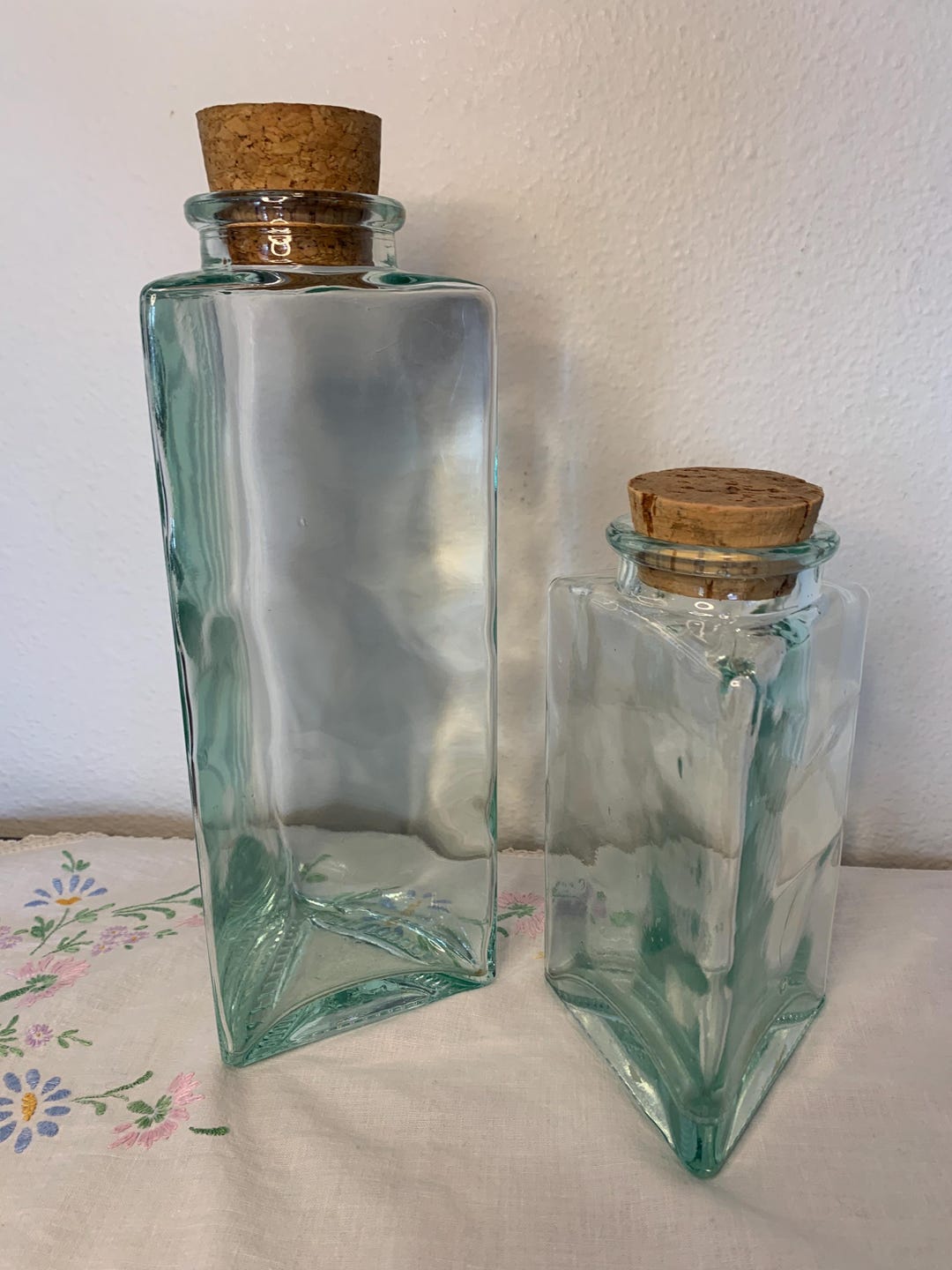 Vintage Italian Triangular Glass Jars With Cork Stoppers, Set of Two ...