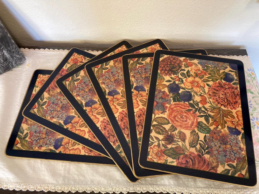 Old English Cork Placemats Dining Set of 6 | Blue Red Green Floral ...