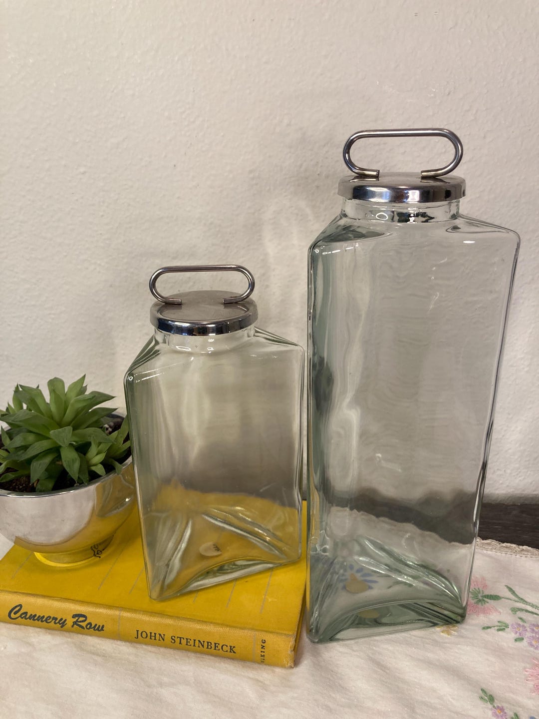 Vintage Vimaco Triangular Glass Jars With Metal Lids, Set of Two, One 9 ...