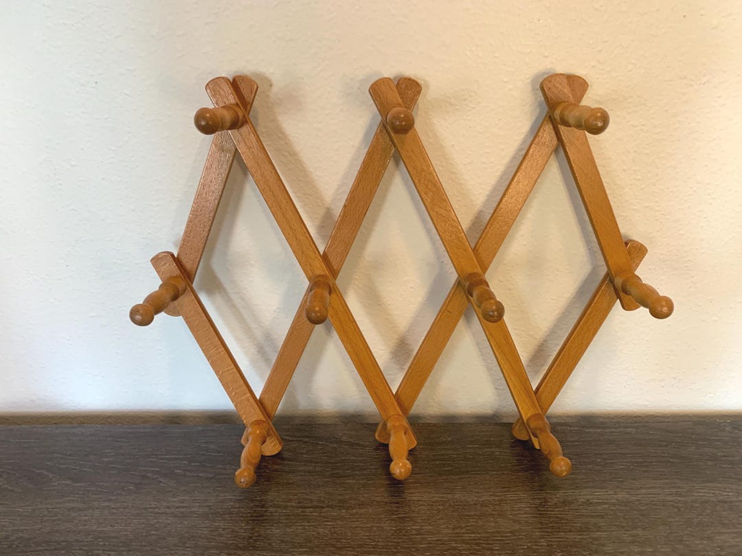 Vintage Wood Accordion Peg Rack, 10 Wood Pegs Expandable Wall Rack ...