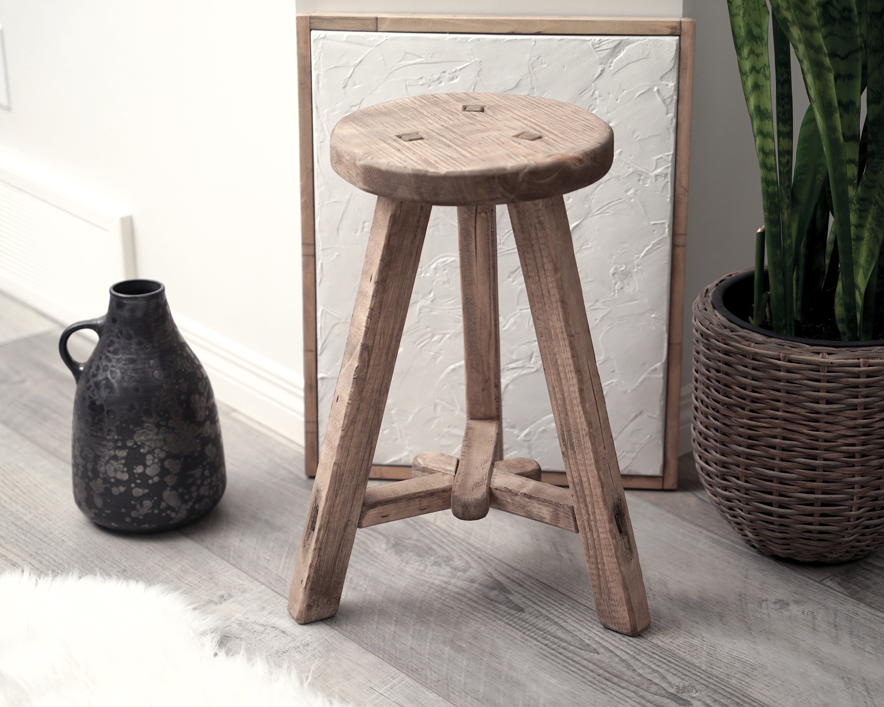A shape Vintage style round stool Rustic Accent piece Wood Decor Side Table Handmade