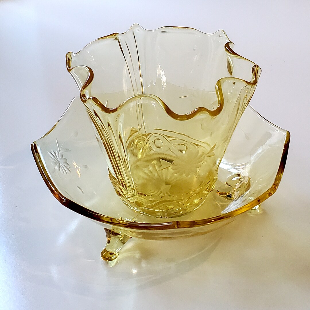 Lancaster Topaz Yellow Depression Glass Ruffled Bowl and Serving Plate ...
