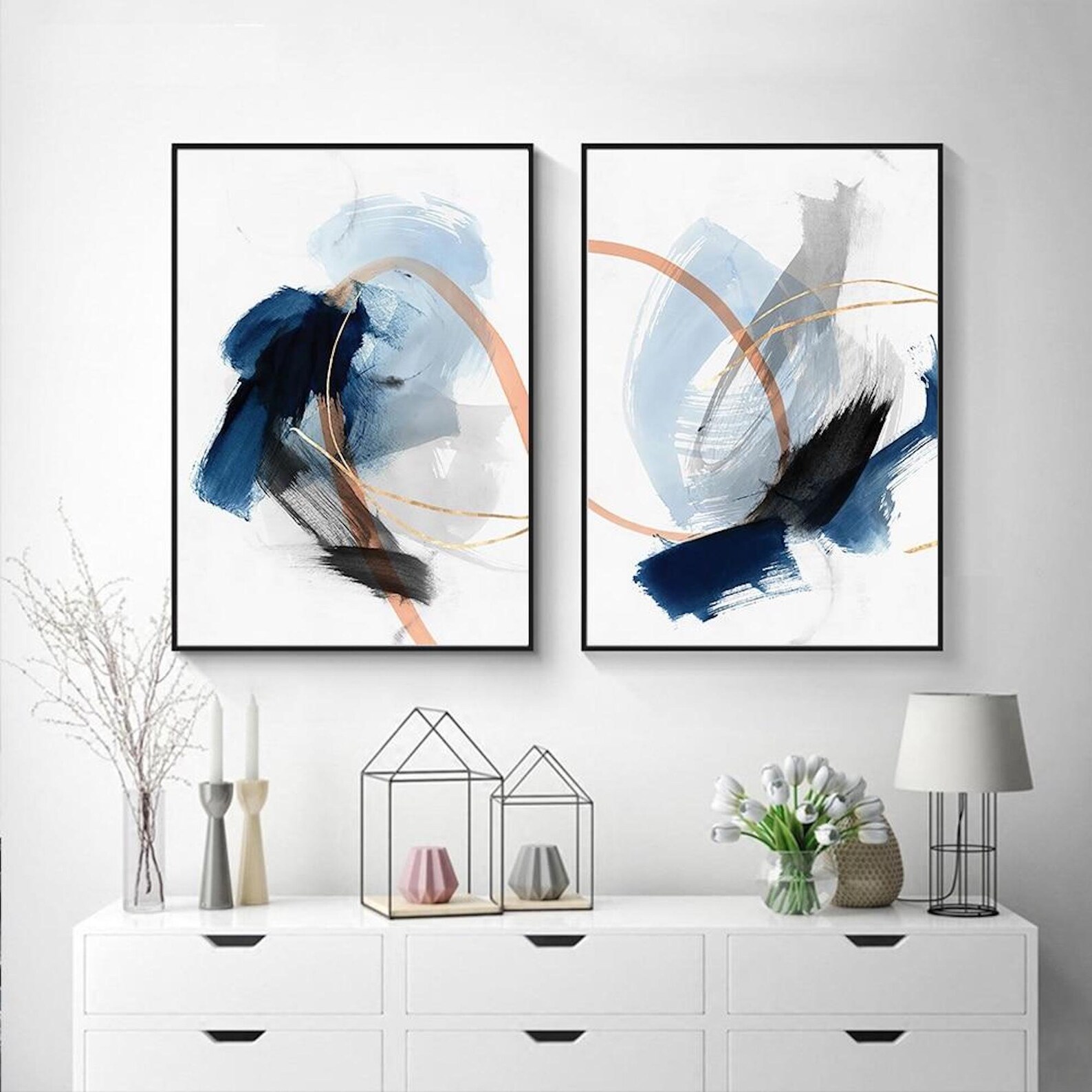 Prints Art Hazy Blue Brush Effect Matt Gold Canvas Painting Navy Blue ...
