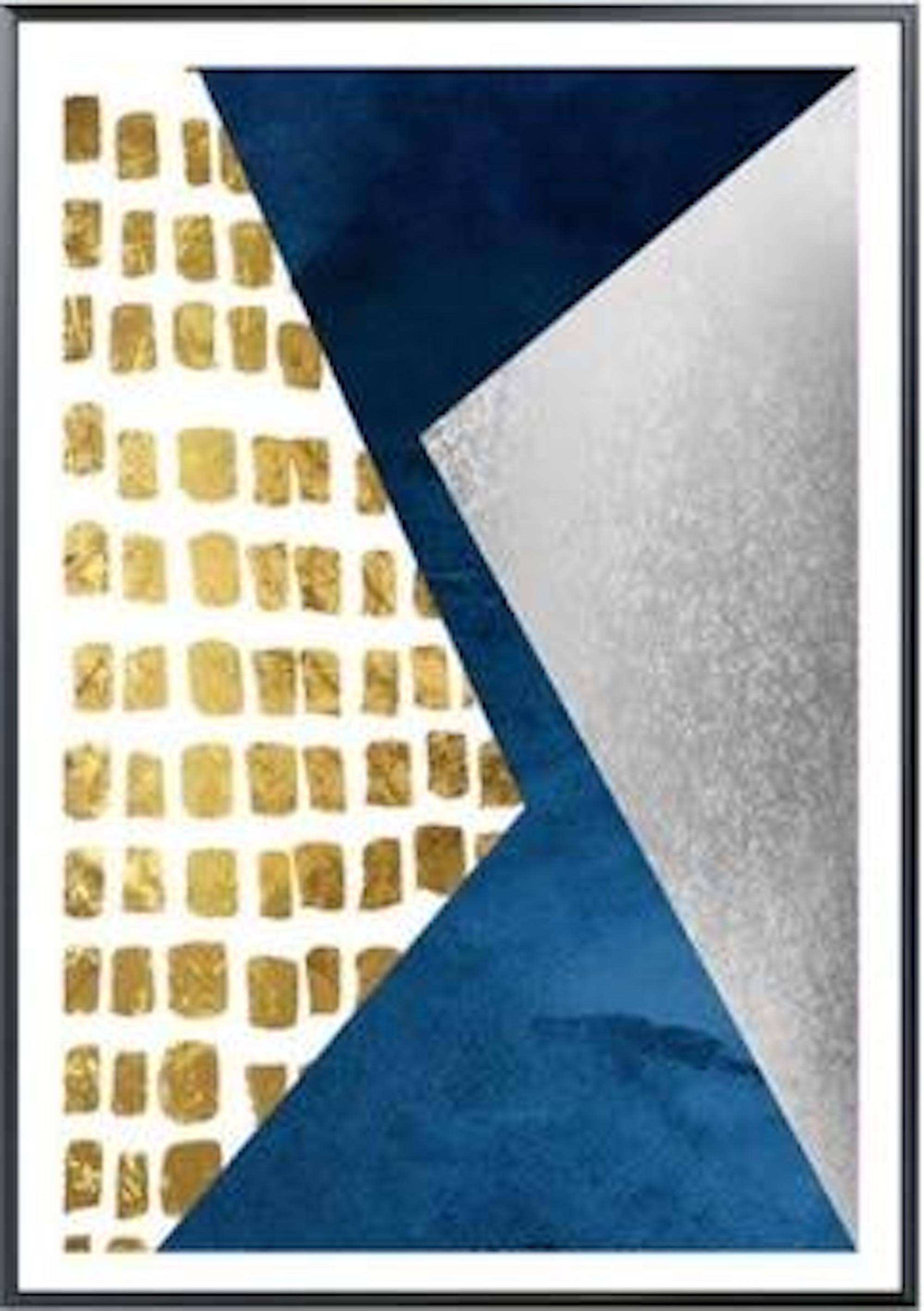 Blue Gold Moon Painting Geometry Mountain Canvas Blue Marble Wall Art ...