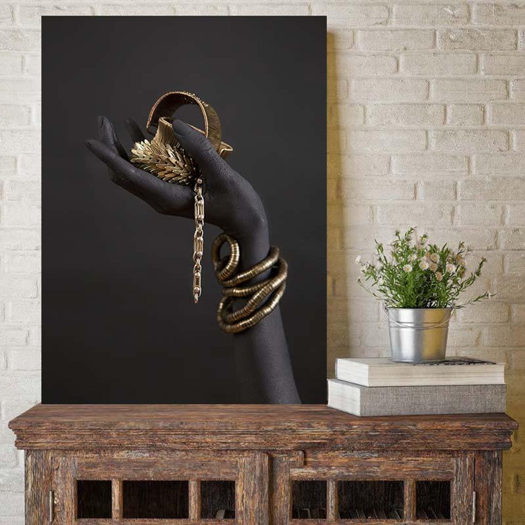 Black & Gold African Hand Bracelet Canvas Wall Art, Black Wall Decor ...