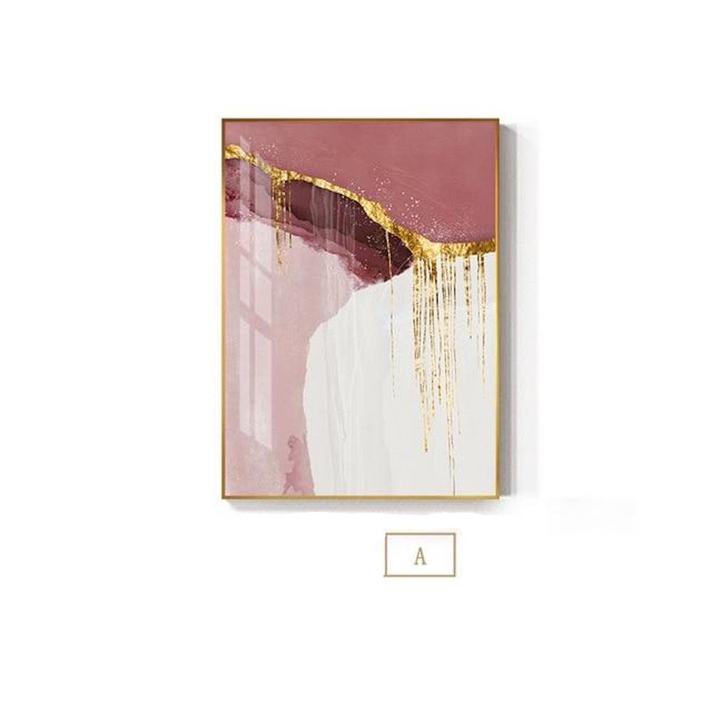Set of 3 Prints Modern Abstract Golden Pink Canvas Painting Pink Wall ...