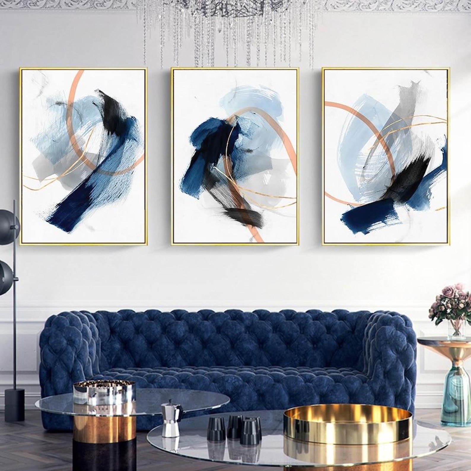 Prints Art Hazy Blue Brush Effect Matt Gold Canvas Painting Navy Blue ...