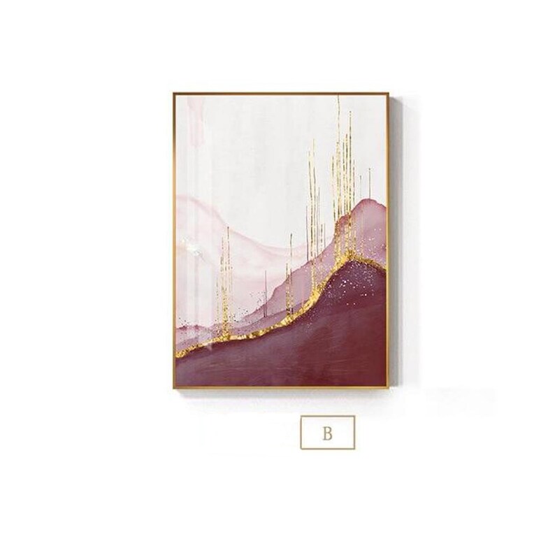 Set of 3 Prints Modern Abstract Golden Pink Canvas Painting Pink Wall ...
