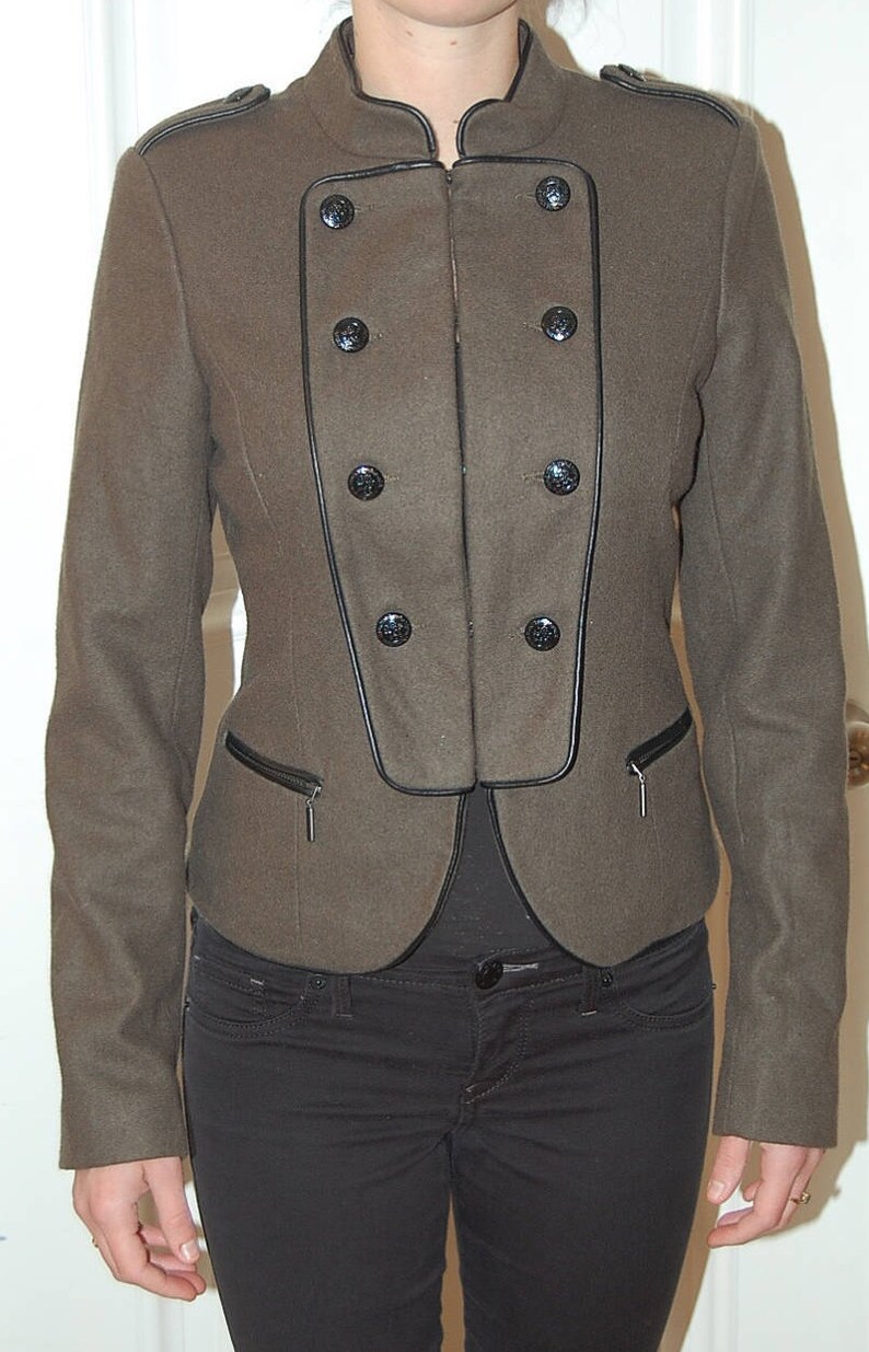 Long Sleeve Cropped Military Jacket in Olive Green With Black Leather ...