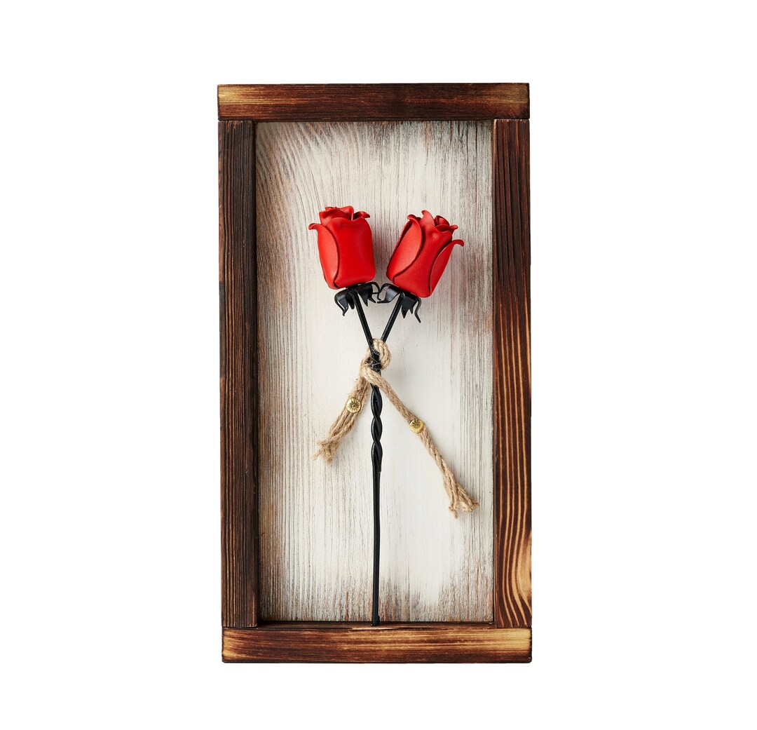 Forged Twisted 2 Red Iron Roses in Wooden Frame. Beautiful and Stylish ...