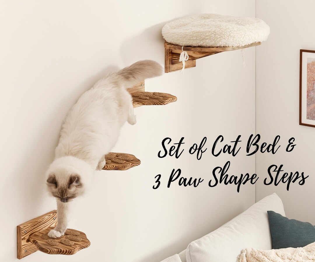 Large Wall Mounted Floating Cat Perch Bed With Pillow and Paw Shape ...