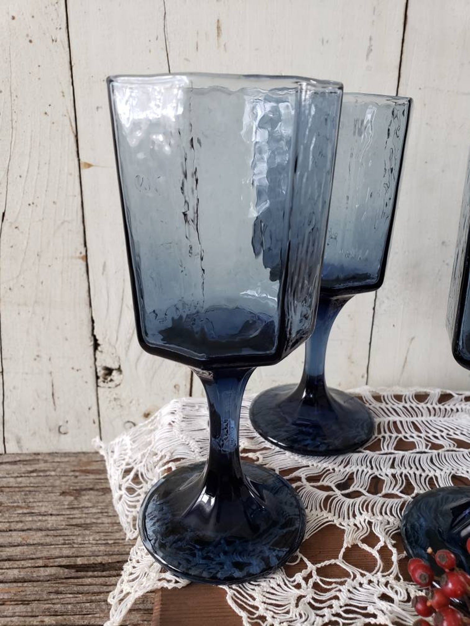 Vintage Blue Stemware Octagonal Shaped Wine Glasses - Etsy UK