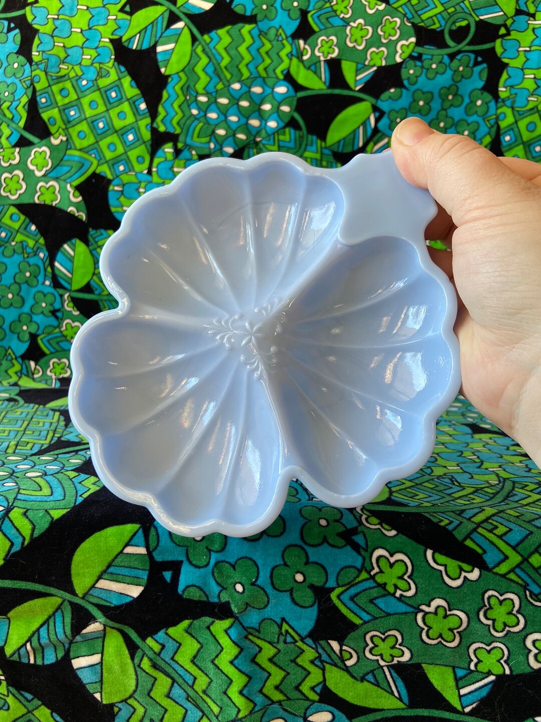 Jeannette Glass Doric Delphite Pastel Blue Milk Glass Clover Candy Dish ...