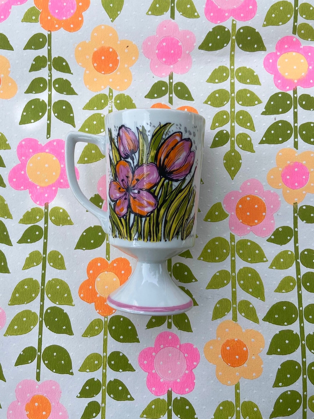 Floral Pedestal Mug Pink and Orange Tulips Crocus Stylecraft Japan ...