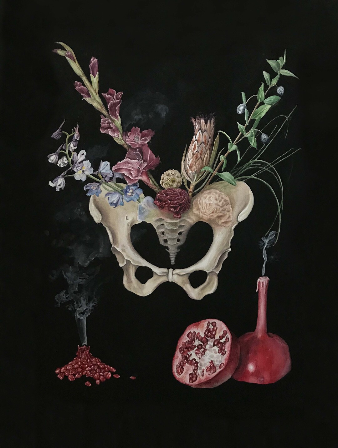 Watercolor Painting of Anatomical Pelvis With Flowers- Archival Print ...