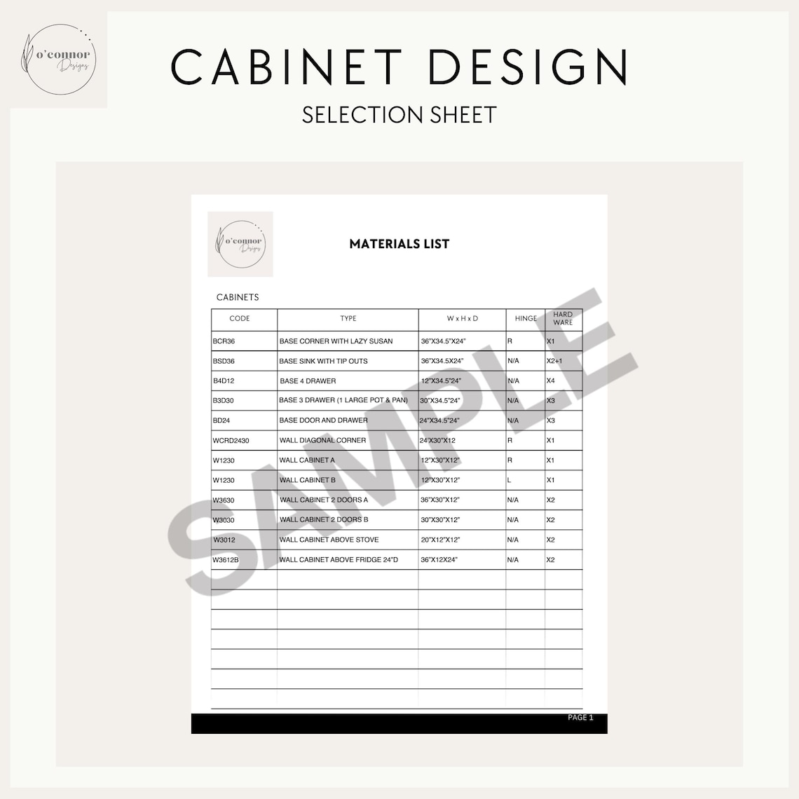 KITCHEN DESIGN Selection Sheet: Cabinet, Countertop, and Material ...
