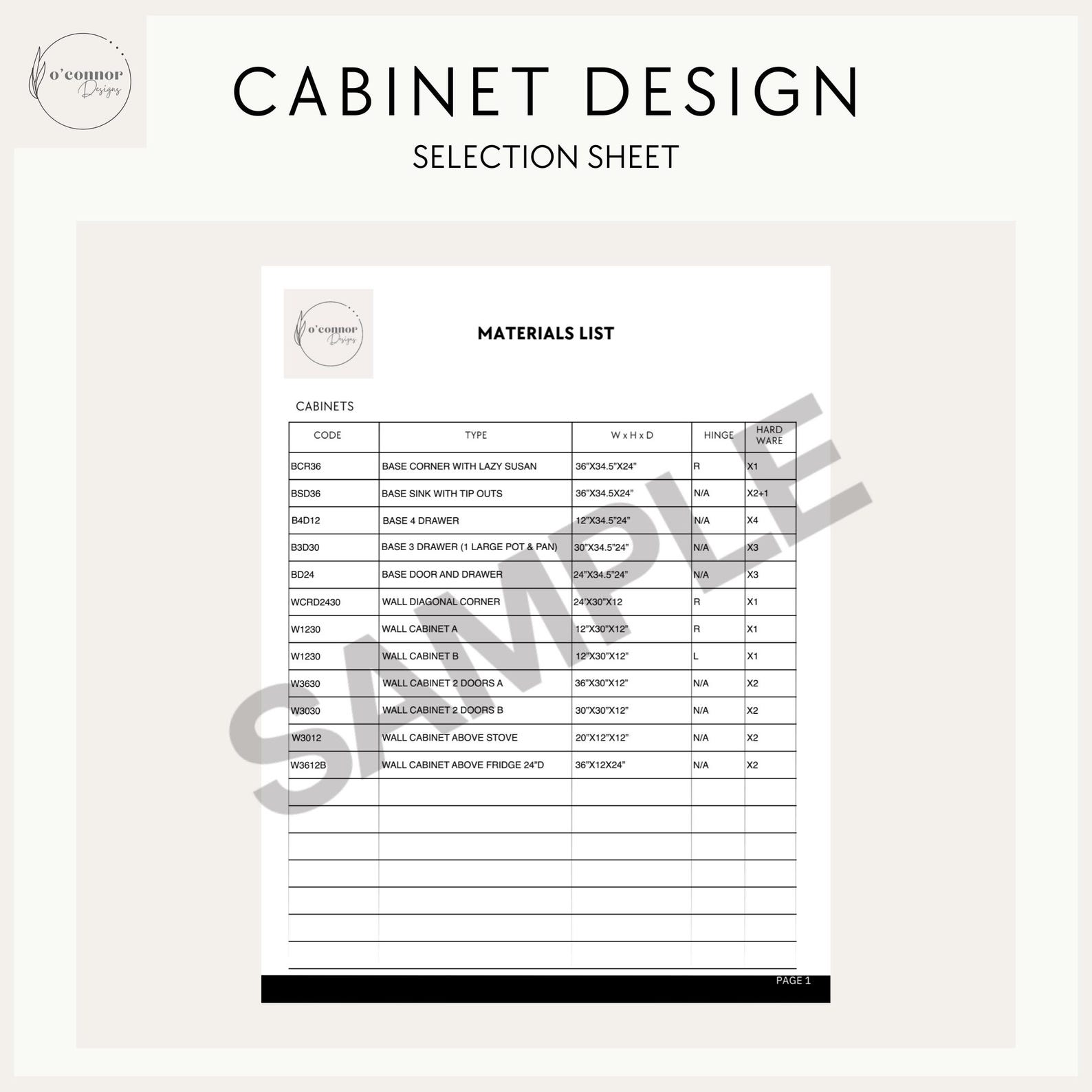 KITCHEN DESIGN Selection Sheet: Cabinet, Countertop, and Material ...