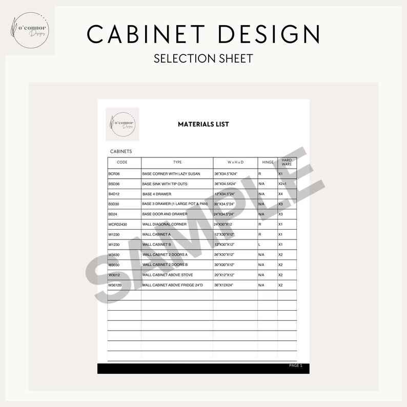 KITCHEN DESIGN Selection Sheet: Cabinet, Countertop, and Material ...
