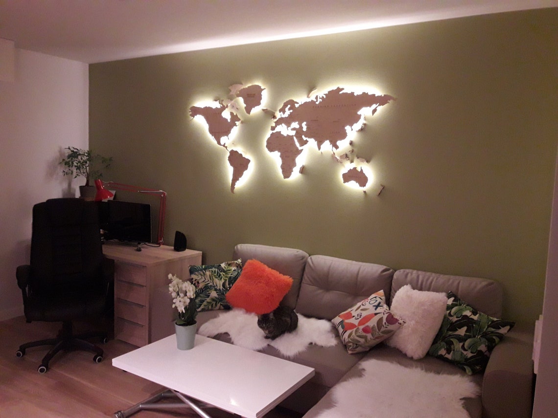 World Map Light Wood Wall Decor Large Travel LED Map - Etsy