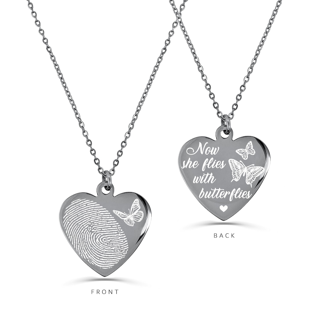 Actual Fingerprint Necklace, Now She Flies With Butterflies, Engraved ...