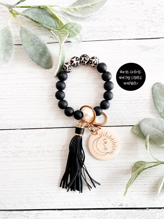 Beaded Keychain Wristlet Wood Bead Keychain Tassel | Etsy