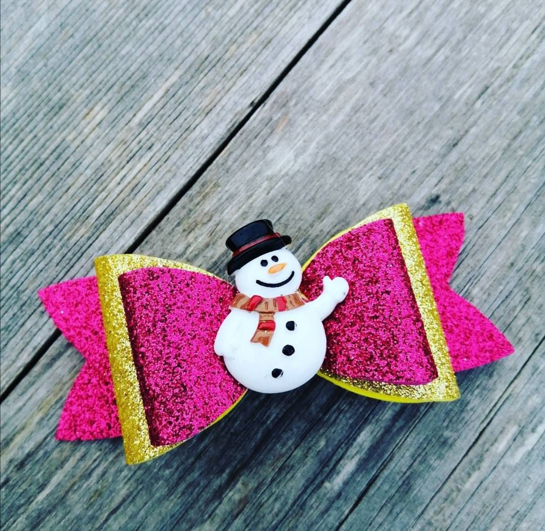 Snowman Bow, Xmas Bow, Christmas Bow, 4 Inch Bow, Pink and Gold Bow ...