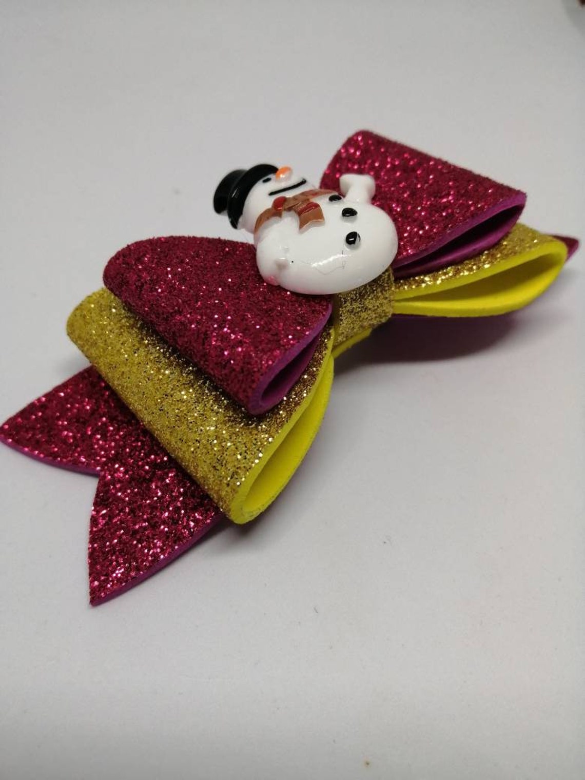Snowman Bow Xmas Bow Christmas Bow 4 Inch Bow Pink and - Etsy