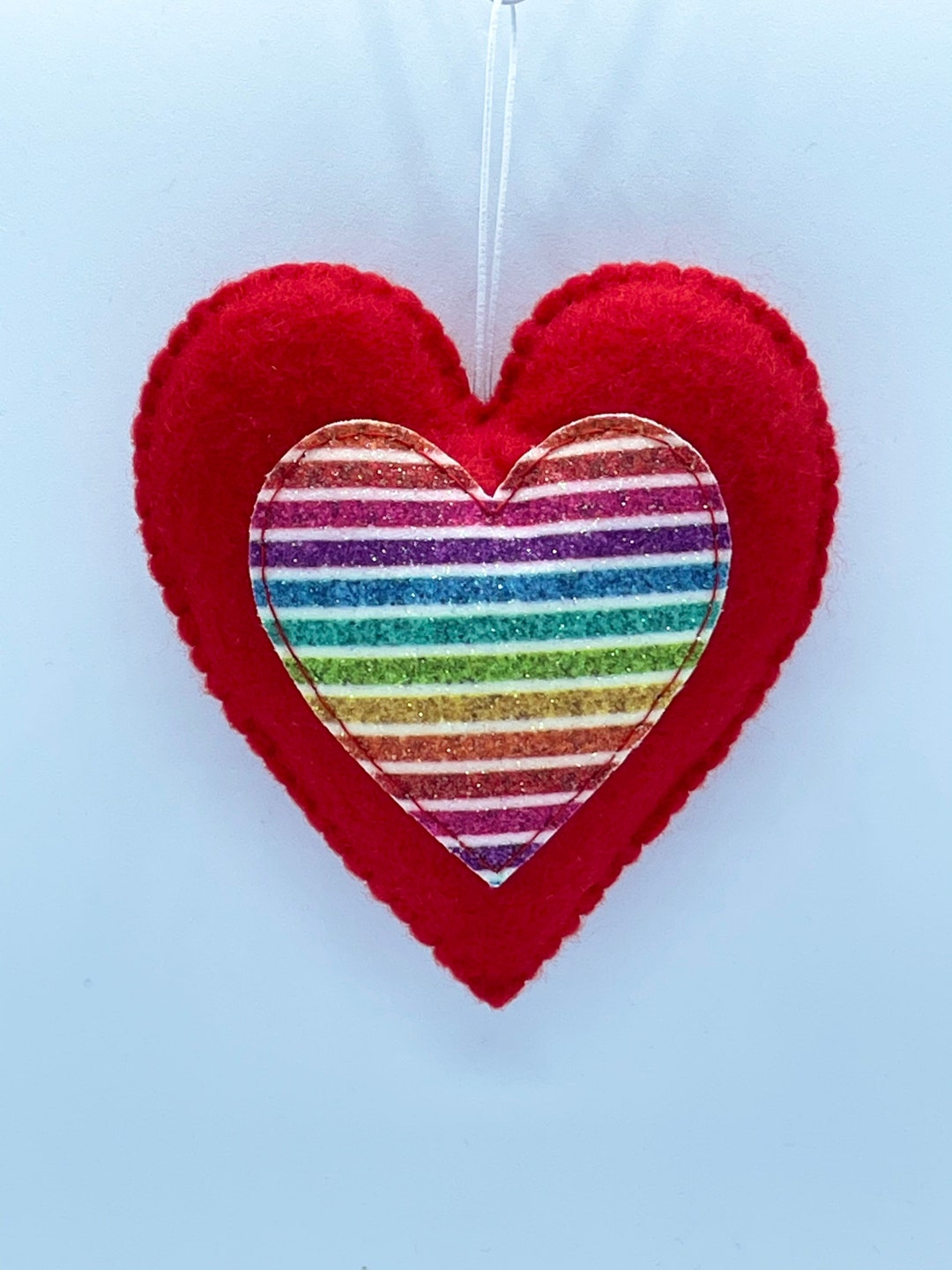 Red Felt Heart, With a Smaller Glitter Striped Rainbow Heart, 8.5cm X ...