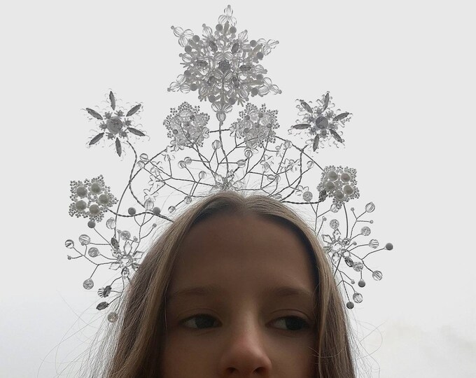 White Clear Beaded Snowflake Headdress, Beaded Snow Queen Snow Fairy ...