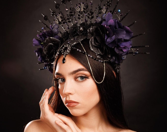 Black,violet,silver Gothic Rose Crown,black Spiked Beaded Woodland ...