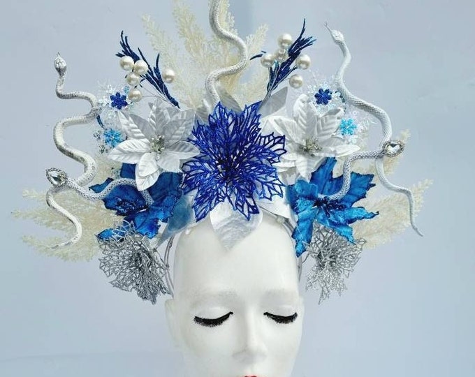White,silver,blue Snow Queen Crown,blue Poinsettia Snakes Crown,ice ...