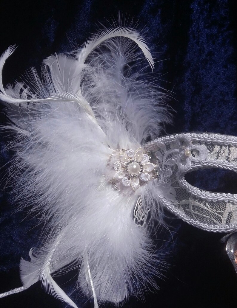 Ivory White Beaded Lace Masquerade Mask With Featherswinter - Etsy