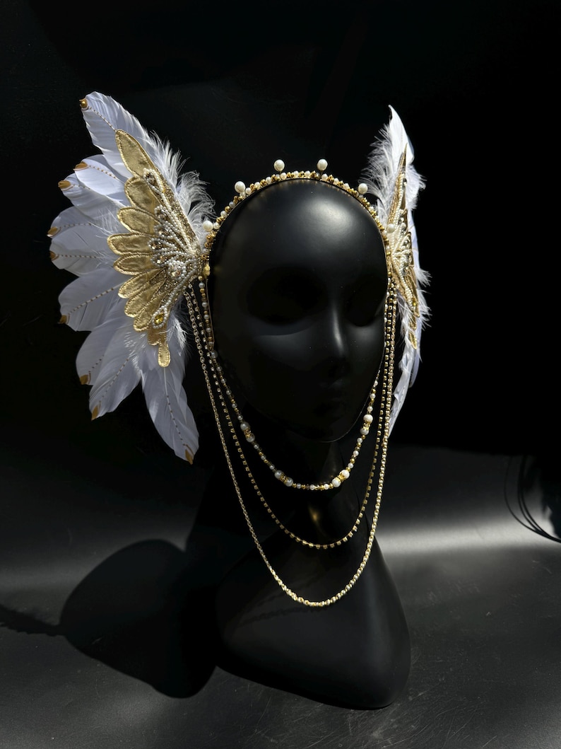 Feathered Angel Wing Headdress, Rhinestone Chain, Masquerade Headpiece ...
