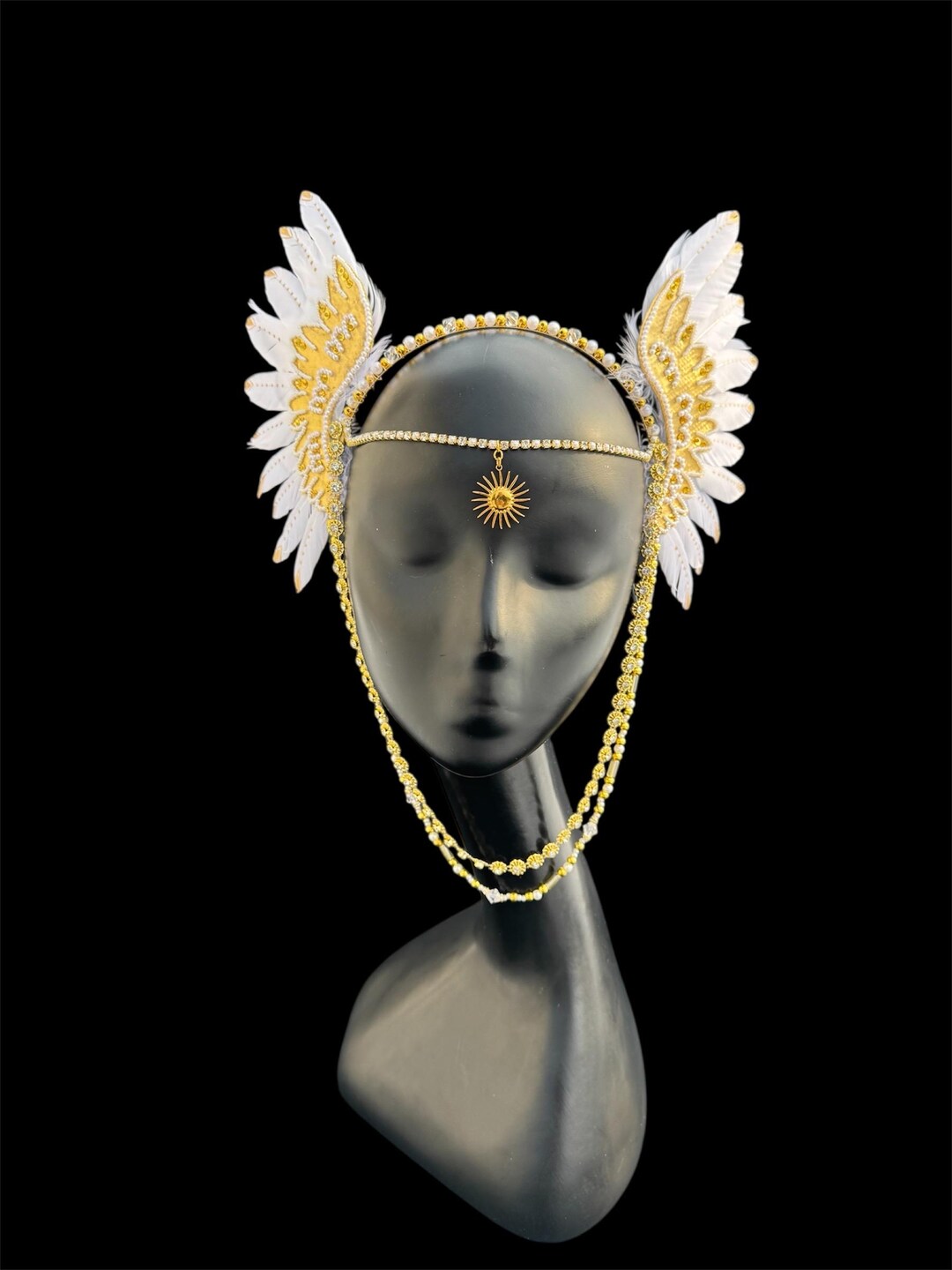 White Gold Feathered Headdress With Sun, Chain,rhinestones,beads,angel ...