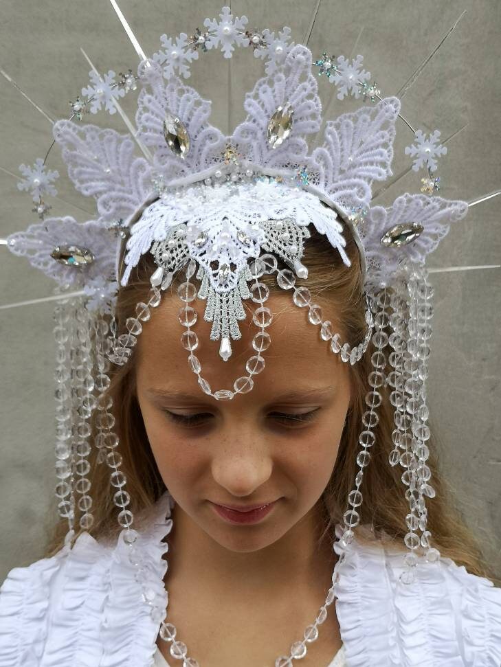 White Lace Snowflake Spike Icicle Crownbeaded Snow Queenice - Etsy