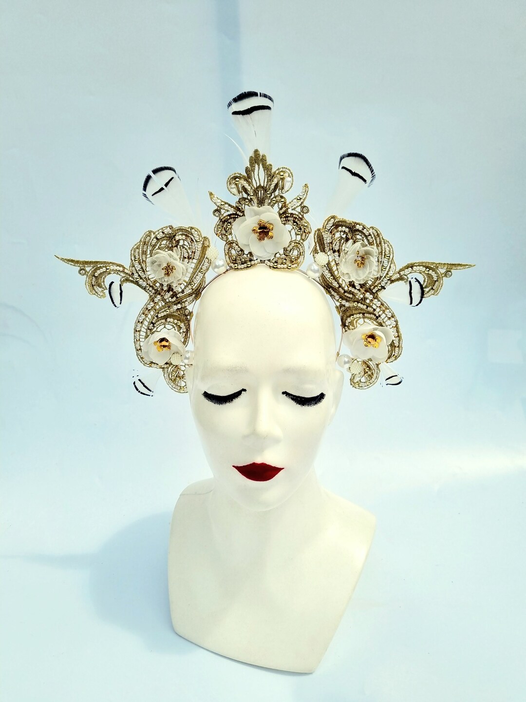 Ivory Gold Lace Feather Tiara,kokoshnik,flower,stones Headdress,fairy ...