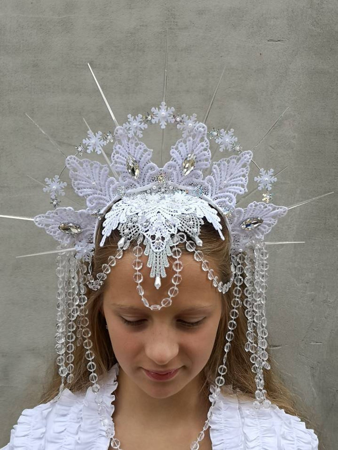 White Lace Snowflake Spike Icicle Crown,beaded Snow Queen,ice Fairy ...