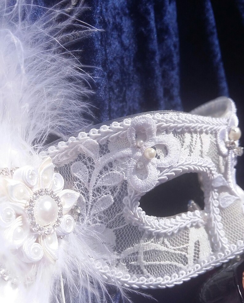 Ivory White Beaded Lace Masquerade Mask With Featherswinter - Etsy