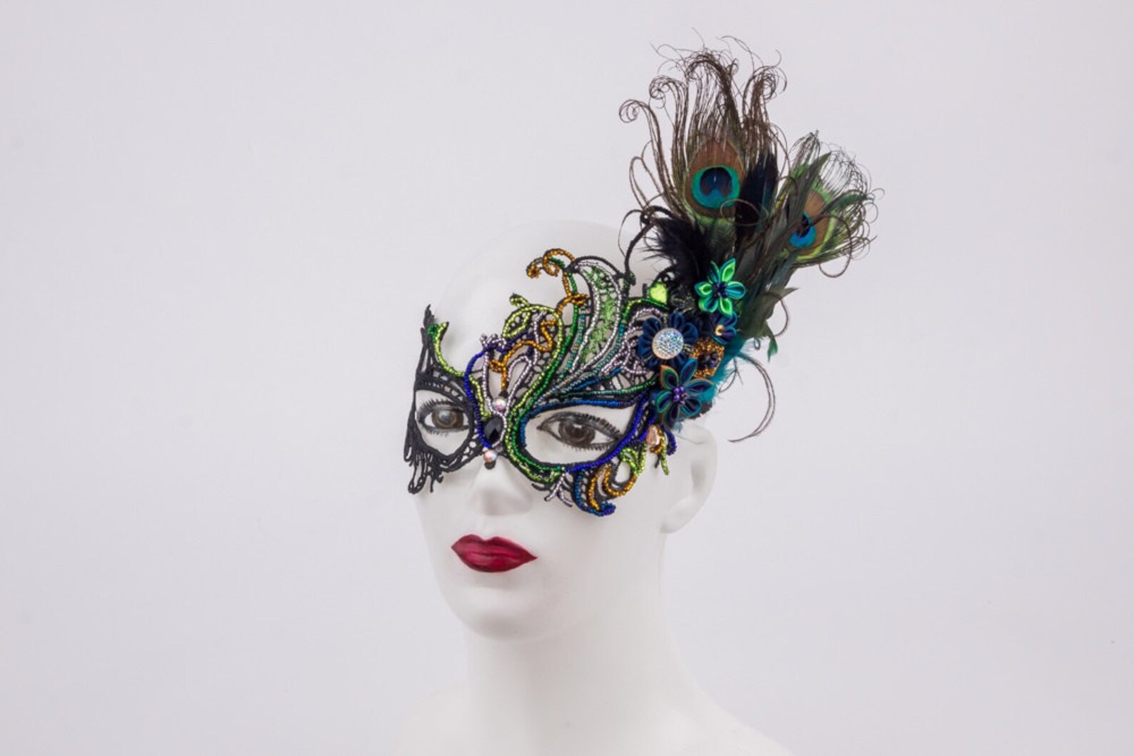 Black Lace Masquerade Mask with feathers and flowersBeaded | Etsy