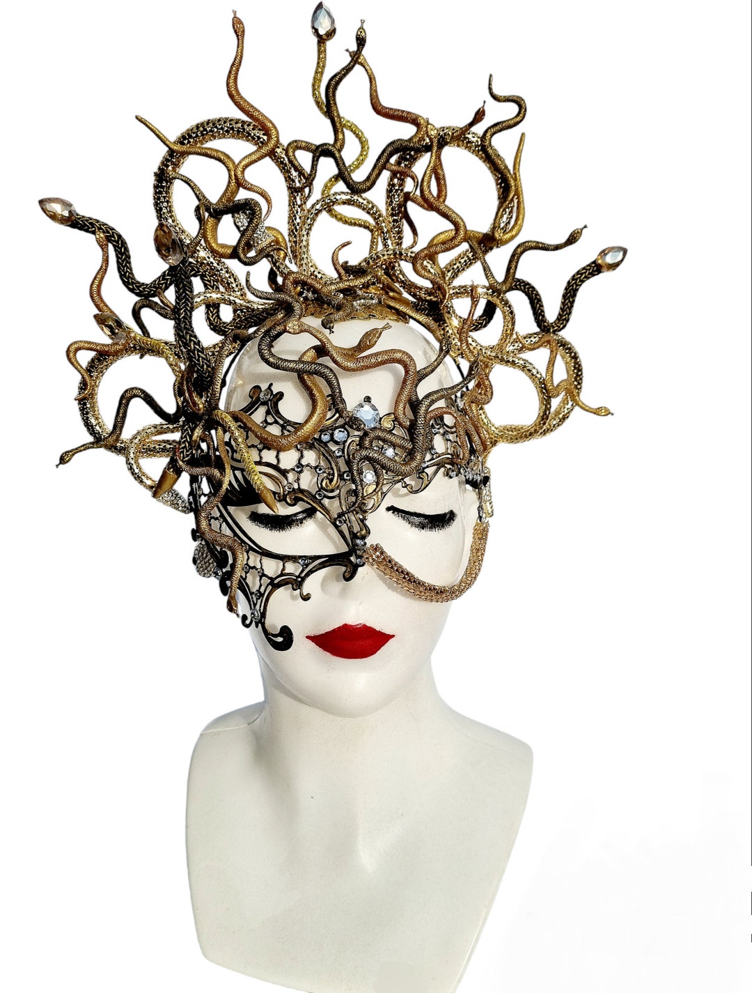 Gold Snake Mask With Crowngorgon Headdressmedusa Masquerade - Etsy
