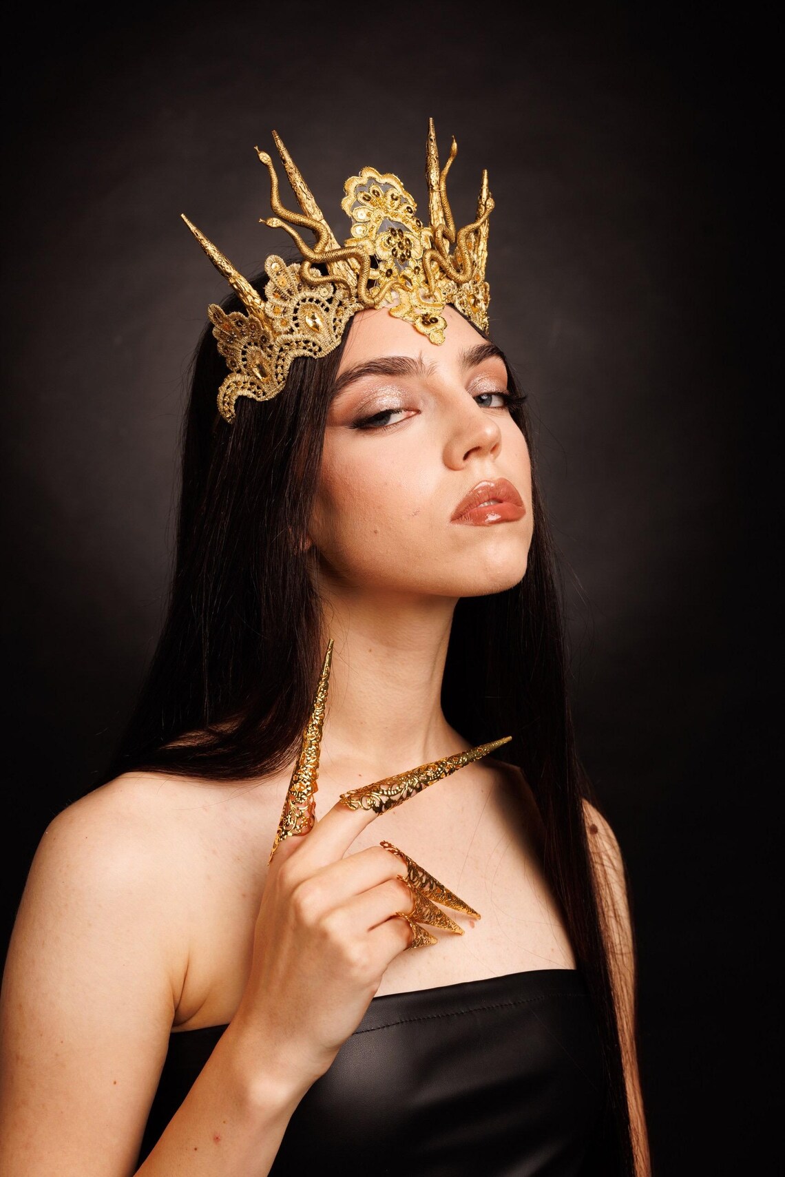 Gold Beaded Lace Snake Crown, Gold Spiked Queen Crown With Snake,gorgon ...