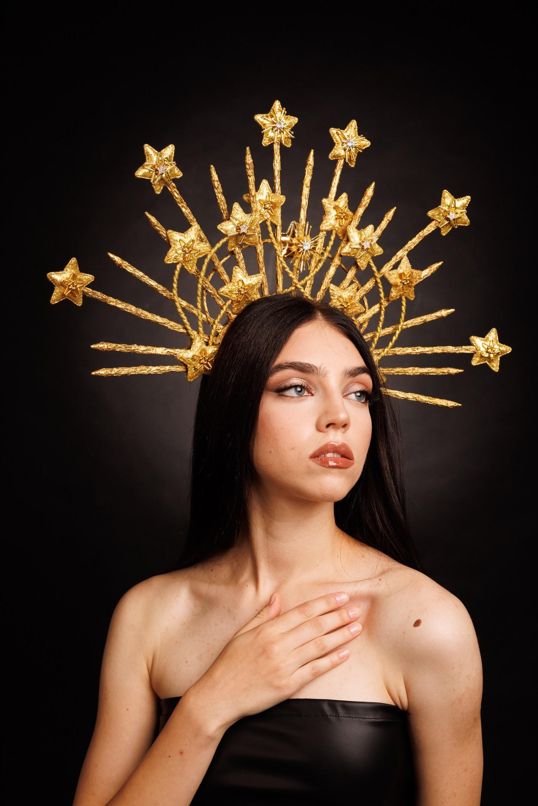 Gold Star Spiked Beaded Headdress: Celestial Goddess Crown, Wedding ...