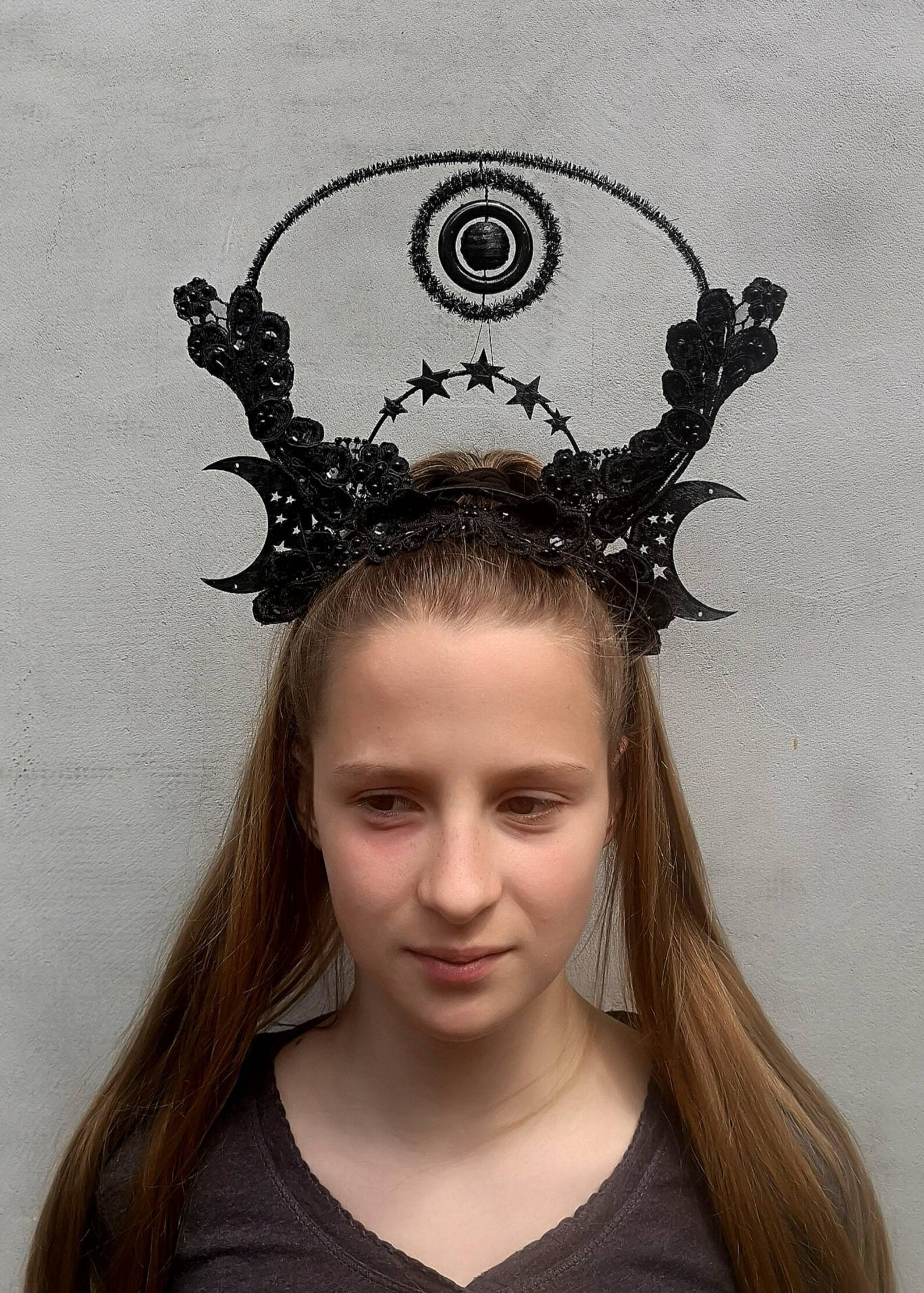 Black celestial haloBlack beaded Horn headpiece Evil Queen | Etsy