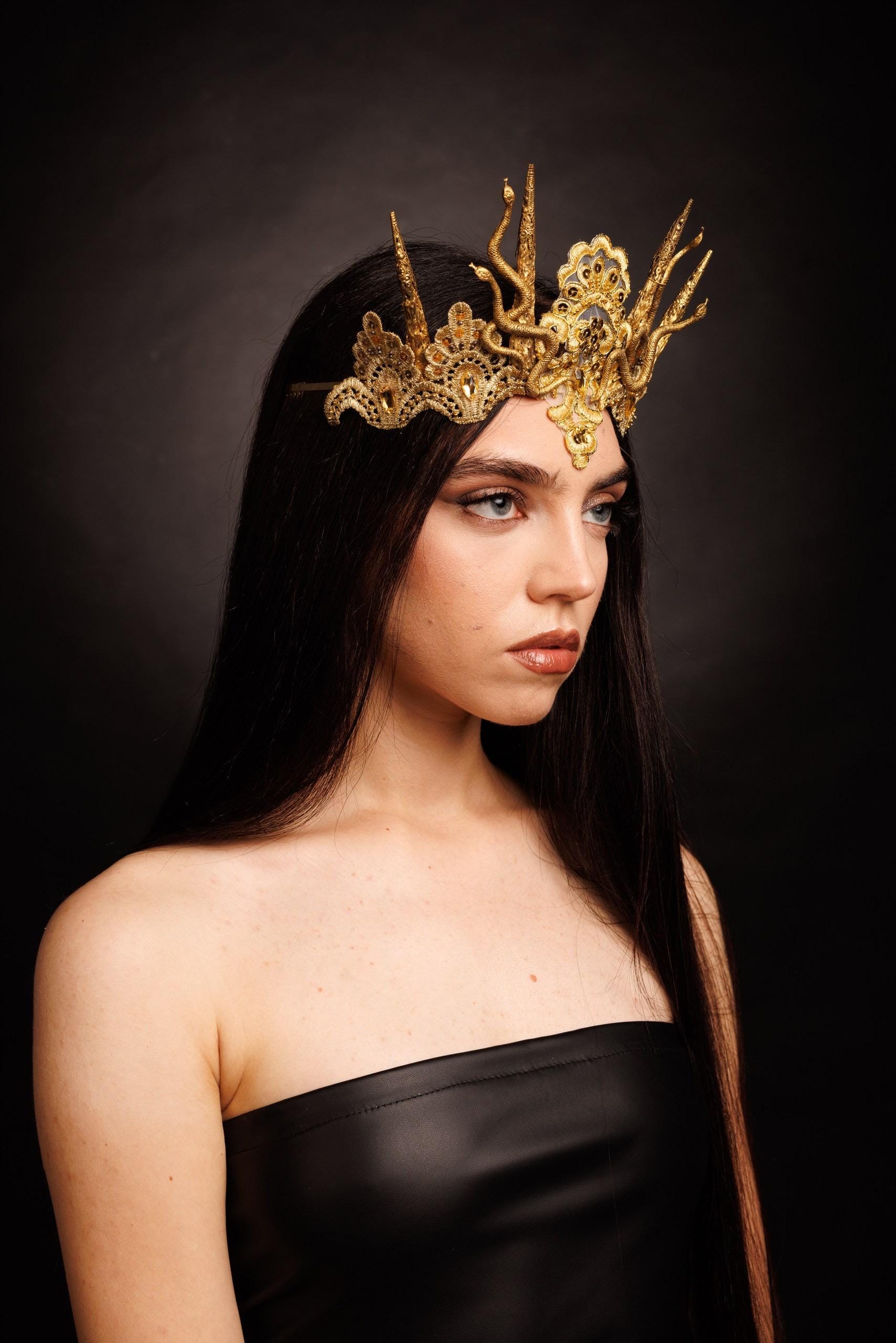 Gold Beaded Lace Snake Crown, Gold Spiked Queen Crown With Snake,gorgon ...